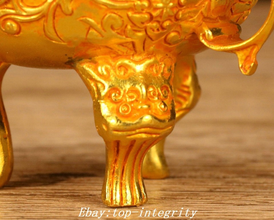 4.1" China Dynasty Bronze Gilt Dragon Loong Beast 3 Legs Incense Burner ...