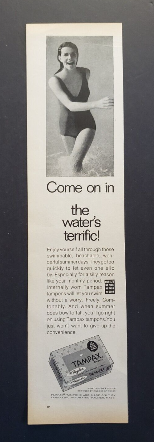 1970 Print Ad Tampax Tampons Woman Walking In The Water Vintage Bathing ...