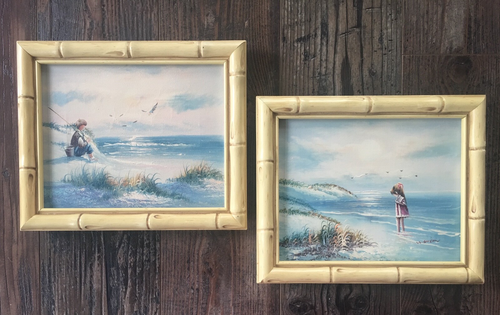 2 Original Oil Paintings Signed W. Amion, Boy & Girl Playing At Sea ...