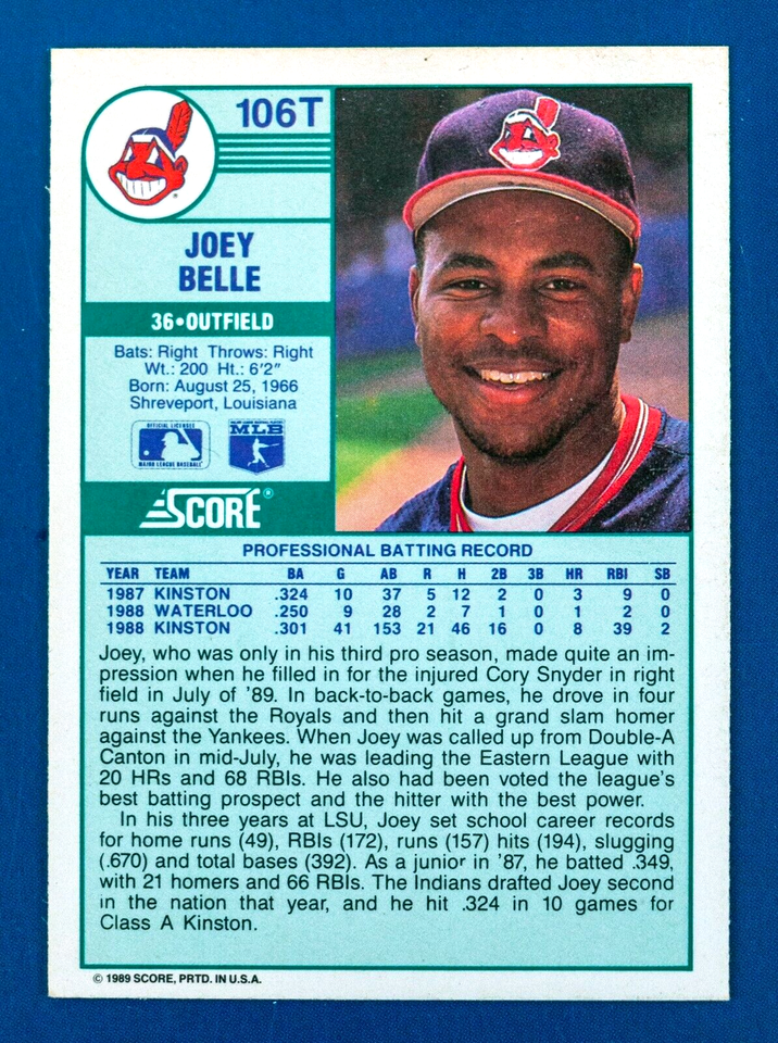 Joey "Albert" Belle #106T (1989 Score Traded) Rookie Baseball Card ...