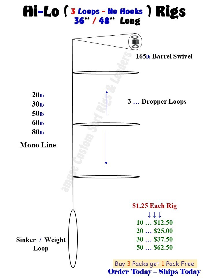 Hi-Lo ( No Hook / 3 Loops ) Fishing Rigs Striper Blackfish Porgies ...