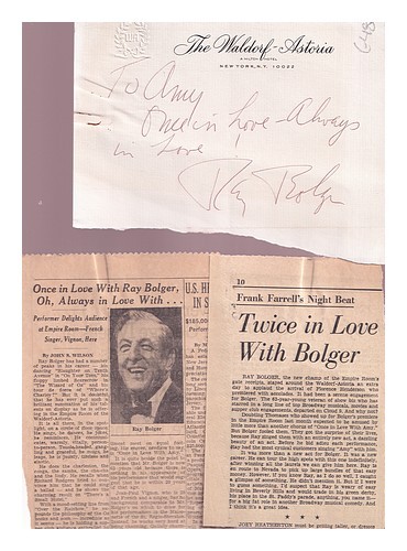 Bolger, Ray SIGNED piece of paper from The Waldorf Astoria by Ray ...