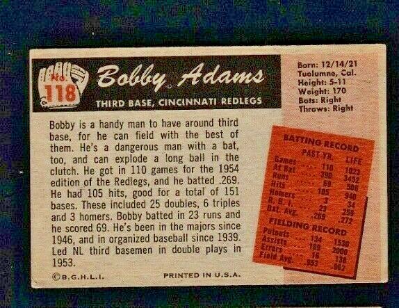 Bobby Adams 1955 Bowman ML Baseball Trading Card # 118 Reds LB | eBay