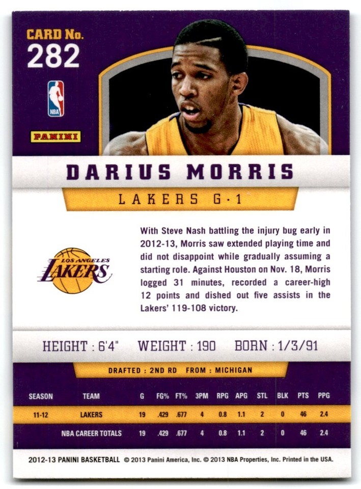 2012-13 Panini Darius Morris Rookie Los Angeles Lakers #282 | eBay