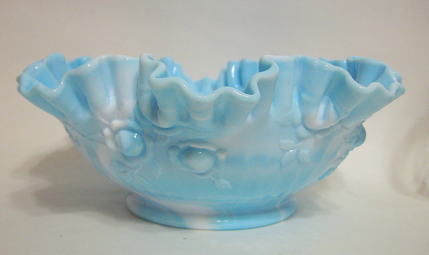 Fenton Blue White Slag Bowl Roses Ruffled Lip Unsigned 8 to 9 Inches ...