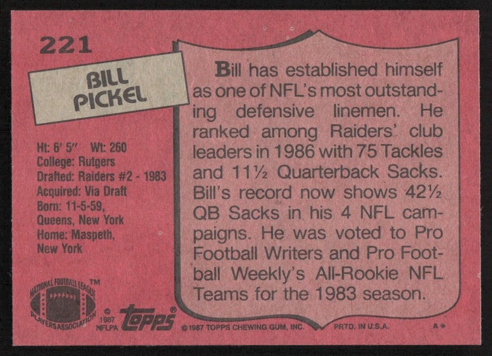 1987 Topps Bill Pickel #221 Los Angeles Raiders | eBay