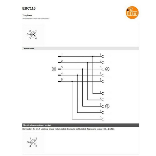 IFM EBC116 Y Splitter M12 5P Plug / 2xM12 5P Socket 001746 for sale ...