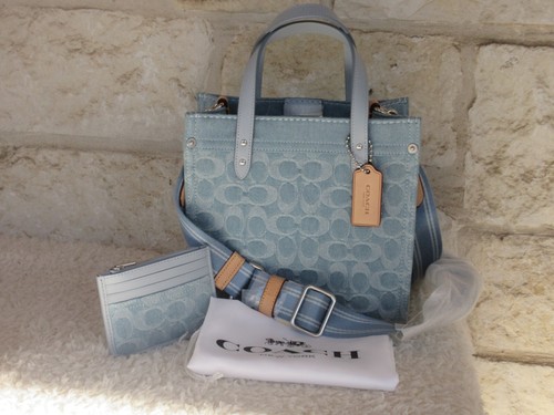 NEW Coach Field Tote 22 DENIM Pale Blue Signature Washed Denim Small ...