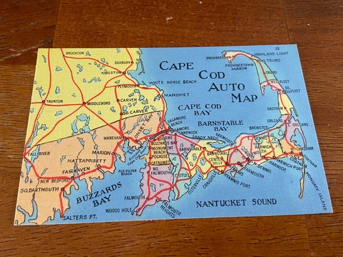 Postcard Massachusetts Cape Cod Auto Map with Driving Distances on Back ...