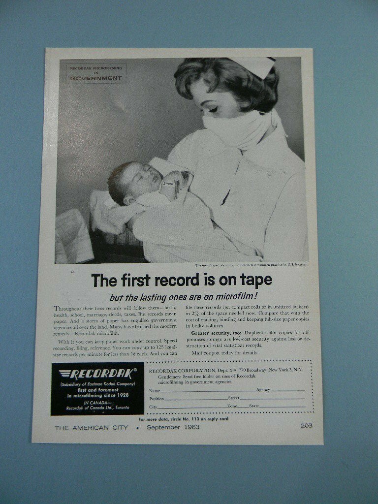 1963 RECORDAK MICROFILM "THE FIRST RECORD IS ON TAPE BUT..." SALES ART ...