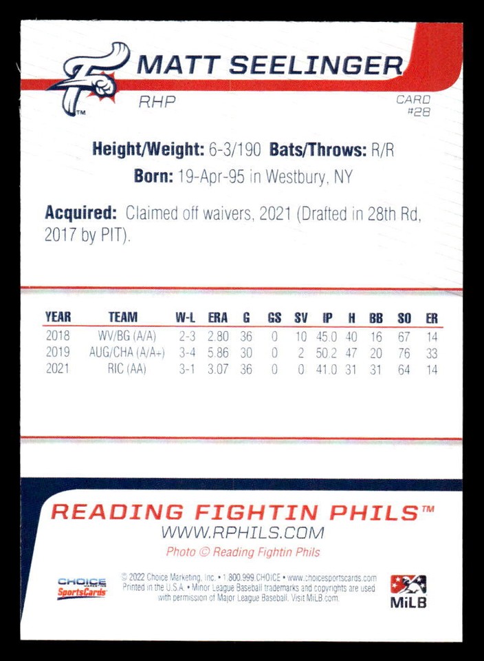 Matt Seelinger 2022 Choice Reading Fightin Phils #28 Reading Fightin ...
