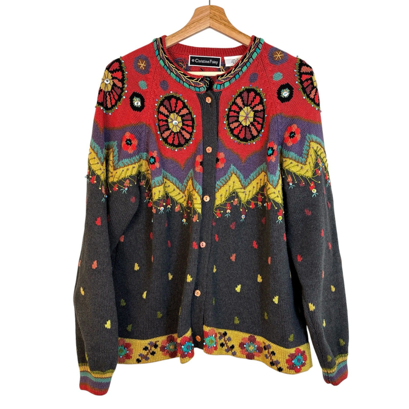 Vtg Christine Foley Embroidered Cardigan Sz 2 Cotton … - Gem