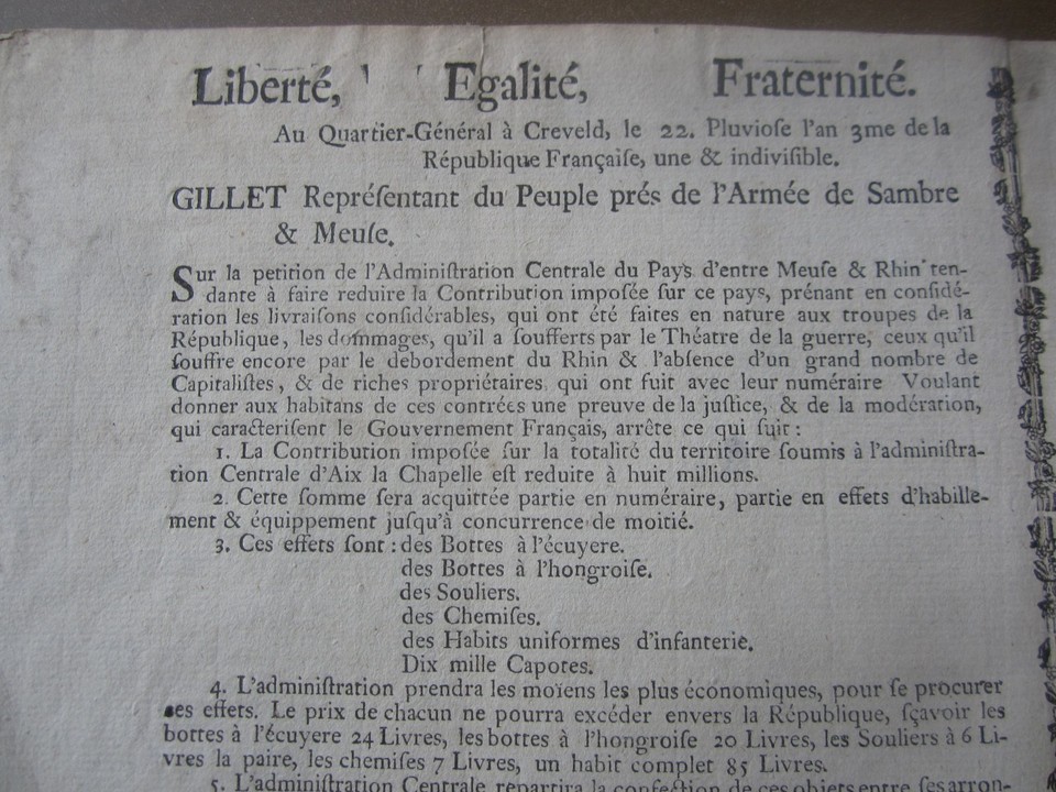 1795 - FRENCH Revolution - BROADSIDE - Pierre Gillet - Army of SAMBRE ...