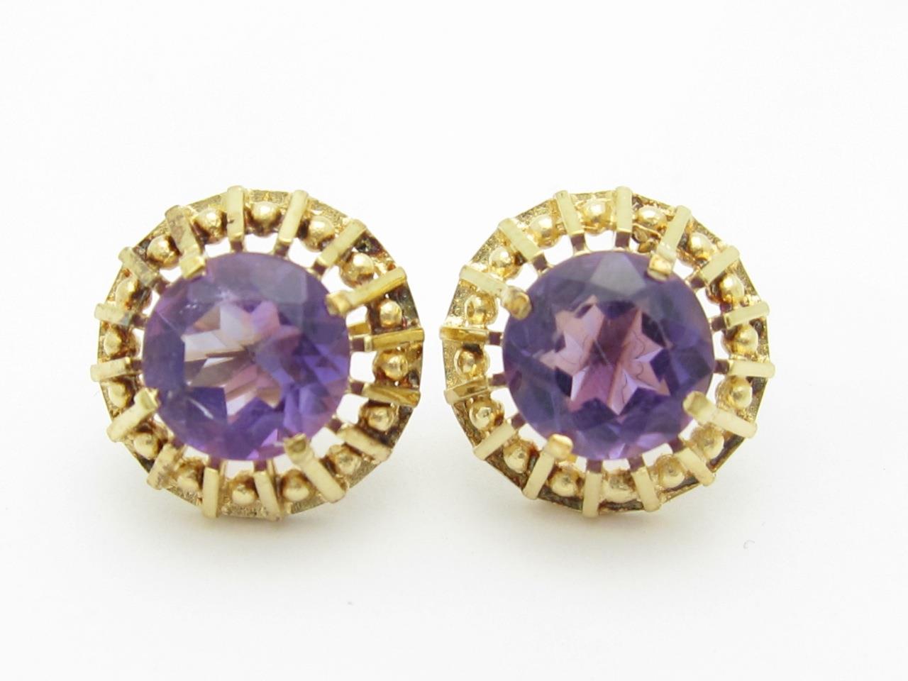 14k or Jaune & Violet Améthyste Vintage de Valeur Halo Motif Round Stud ...