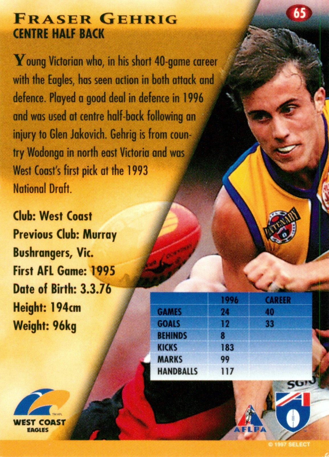 1997 WEST COAST EAGLES AFL Card FRASER GEHRIG | eBay Australia