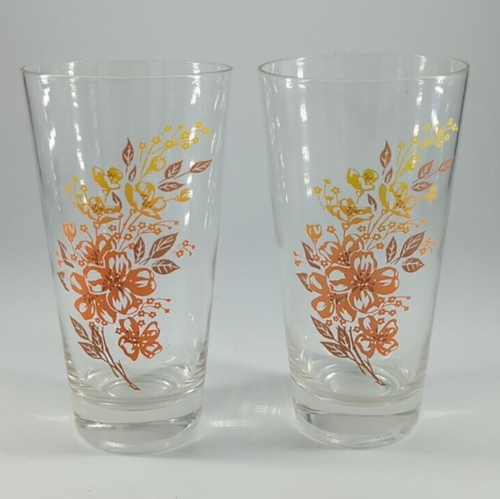 DRINKING GLASSES Fall Floral Peach Orange Brown Set of 2 Water Glasses ...