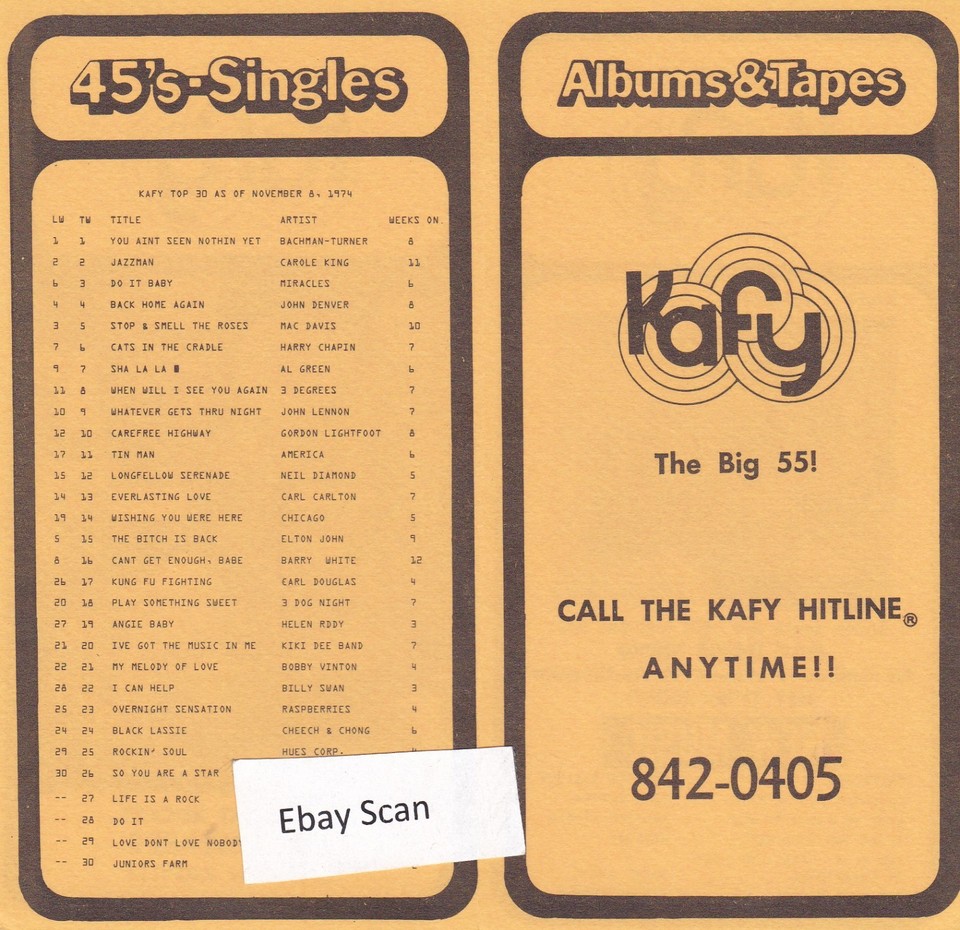 KAFY Bakersfield CA Top 40 Radio Music Survey 11-8-74 | eBay