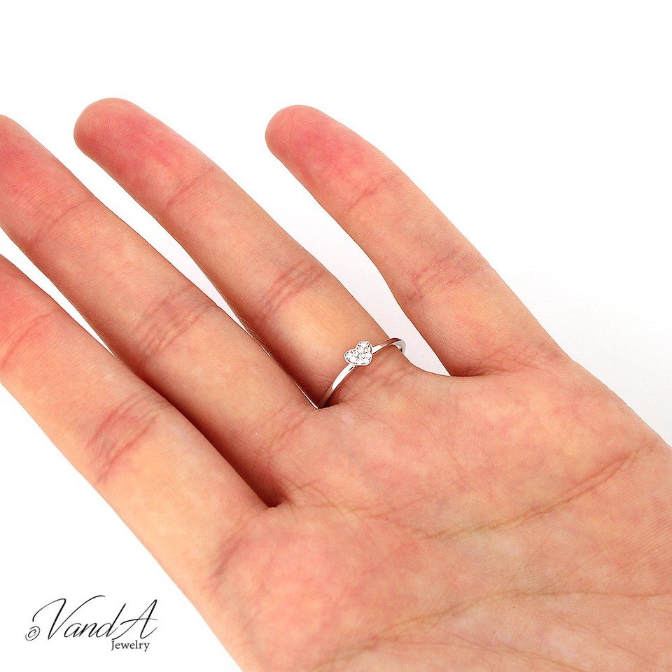 Sterling Silver 925 Love Script & Mini Heart Ring Dainty CZ Heart Women ...