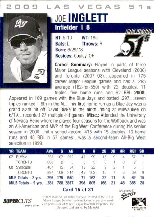 2009 Las Vegas 51s Multi-Ad #15 Joe Inglett Copley Ohio OH Baseball ...