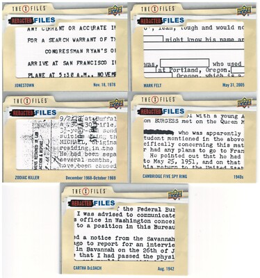 X-Files UFOs and Aliens Redacted Files Cards RF-8, 15, 16, 17, 19 Upper ...