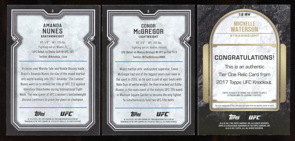 (3) Different 2017 Topps UFC Knockout Card LOT w/McGregor/Nunes #/75 ...