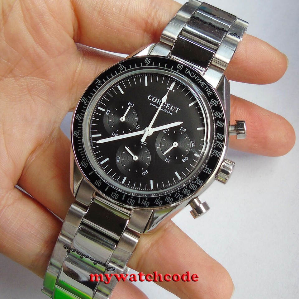 40mm corgeut black dial steel bracelet quartz full chronograph mens ...