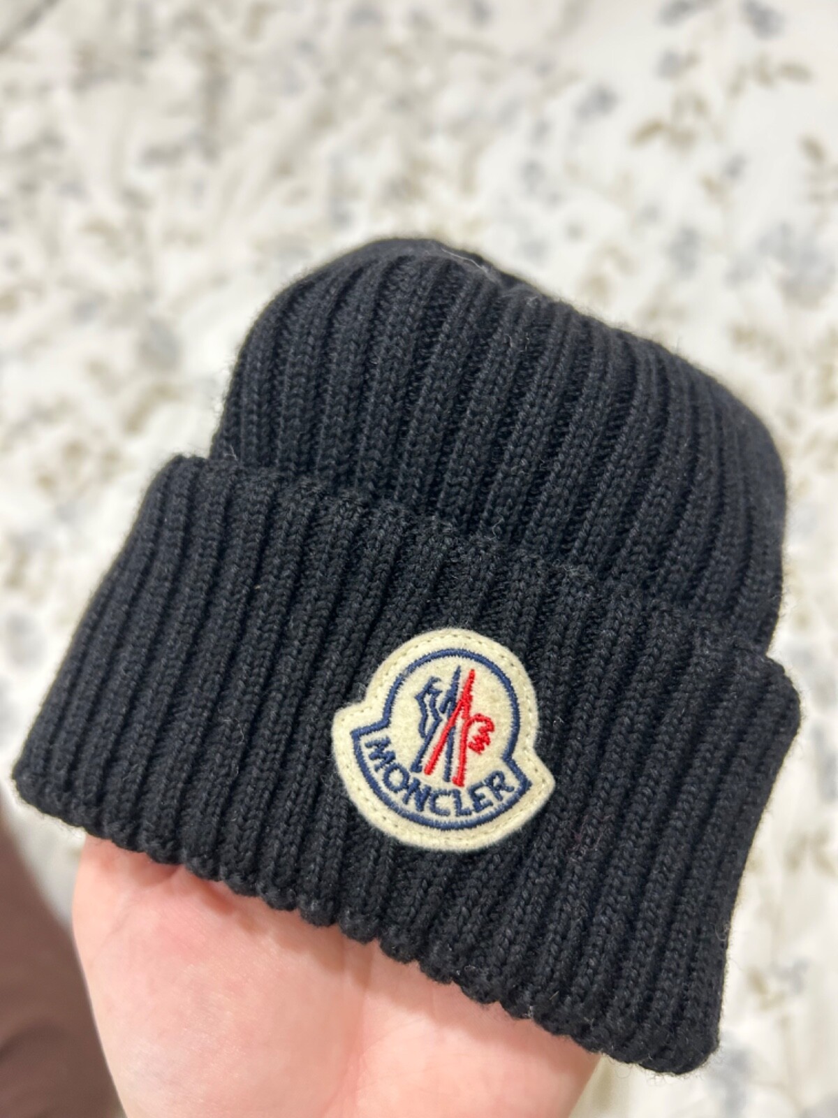 Moncler authentic black wool rib knit logo beanie - Gem