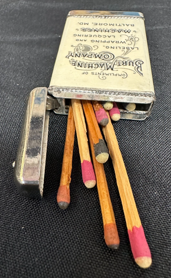 VINTAGE CELLULOID ADVERTISING MATCH SAFE BURT MACHINE CO. PICTURE OF ...