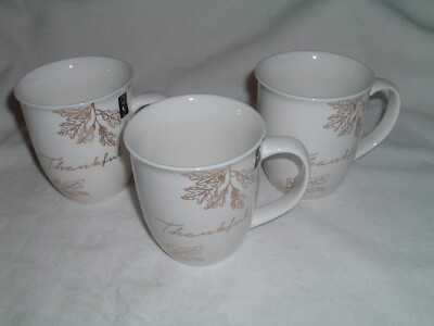 3 Ciroa Gold Luxe Oak Leaf Thankful Thanksgiving Fall Bone China Mugs ...