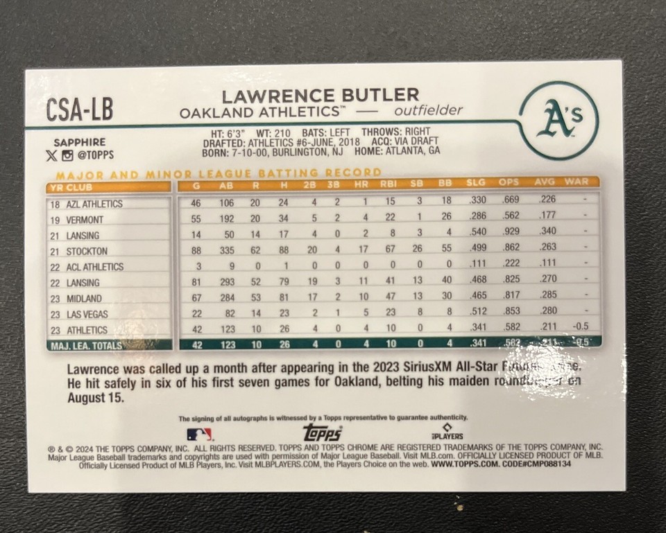 LAWRENCE BUTLER 2024 Topps Chrome Sapphire Edition Auto /199 Athletics ...