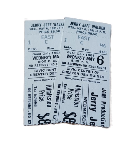 JERRY JEFF WALKER- Original Two Ticket Stubs Des Moines, IA 5/6/81 | eBay