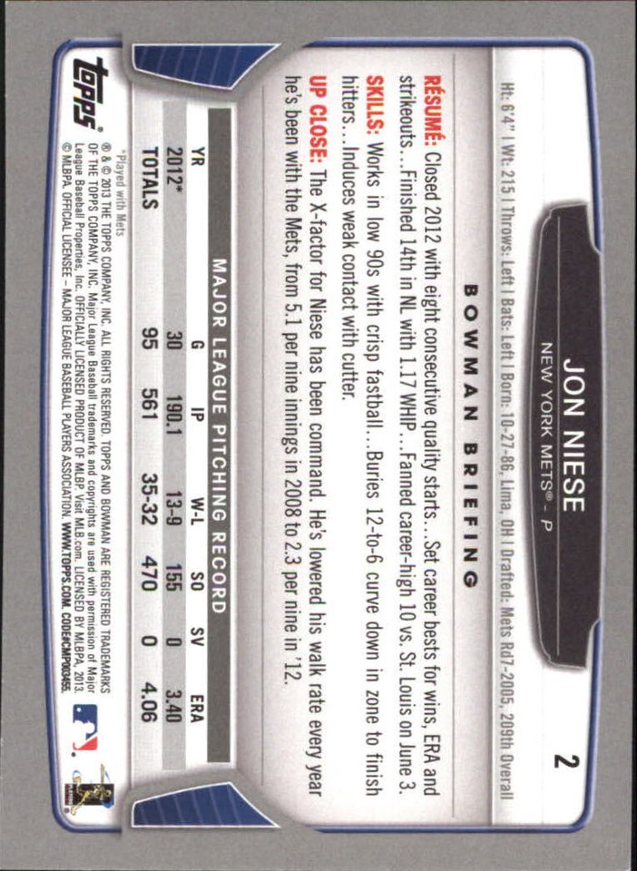 2013 Bowman Silver Ice #2 Jon Niese Card | eBay