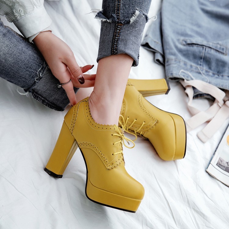 Womens Platform Lace Up Pumps High Block Heels Shoes Casual Plus Size ...