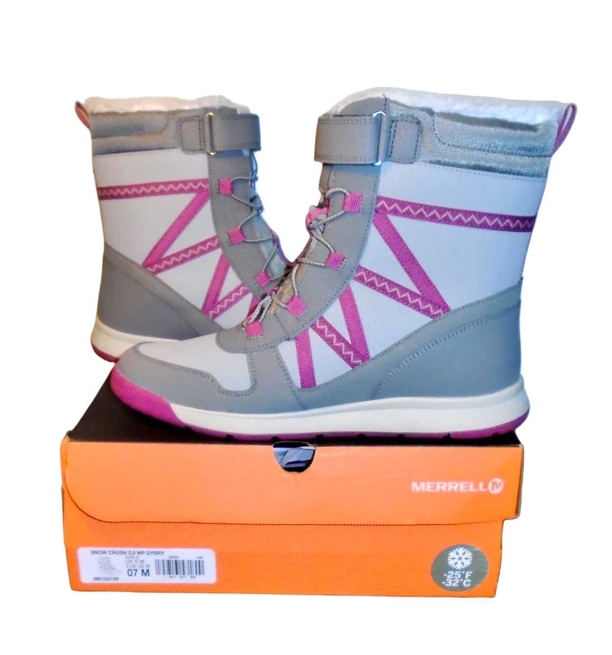 MERRELL Girls Kids SNOW CRUSH 2.0 Waterproof Boots Size 7 Gray & Berry ...