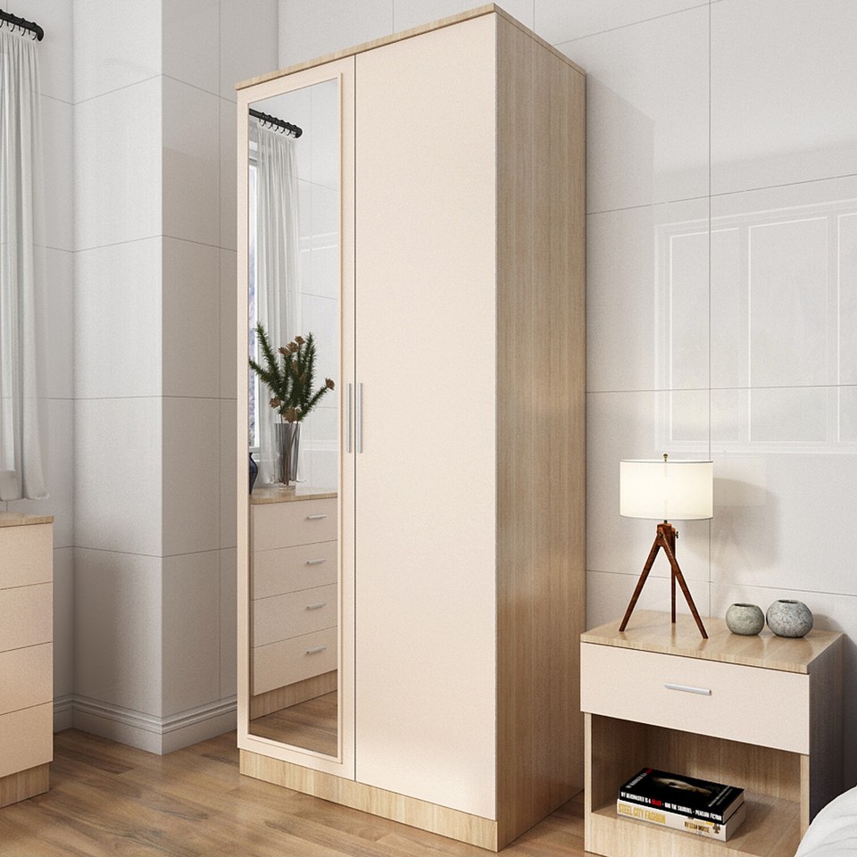 2 Door Wardrobe with Mirror High Gloss Large Storage 5 Colors Cupboard ...