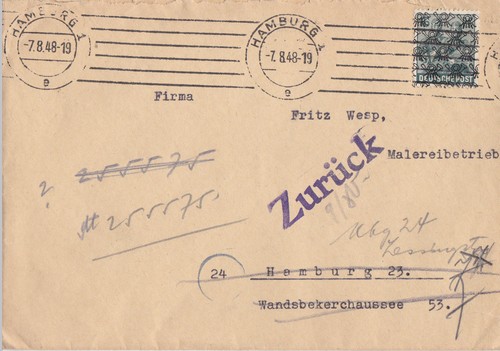 Brief 1948 Besatzung Zurück Stempel Deutsche Post Posthorn Band ...