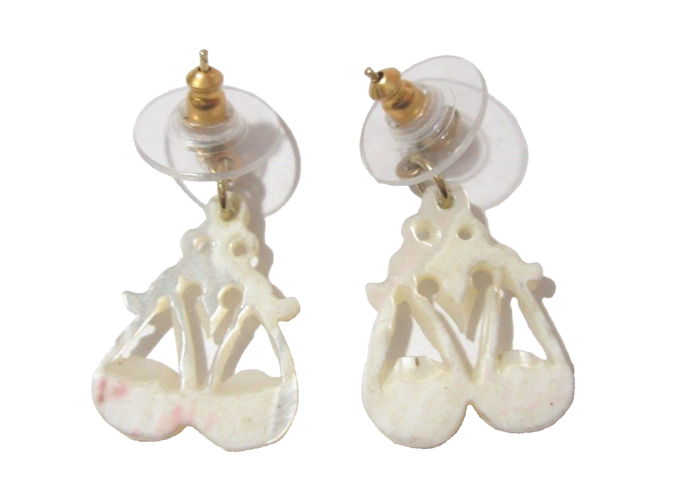 PIERCED EARRINGS PRETTY MOTHER OF PEARL CARVED SHELL LIBRA SCALES OF ...