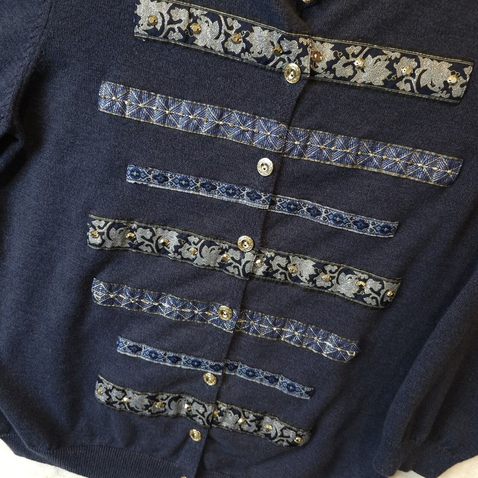 Women's Navy Blue Cardigan Cottagecore Patchwork Military Style ...