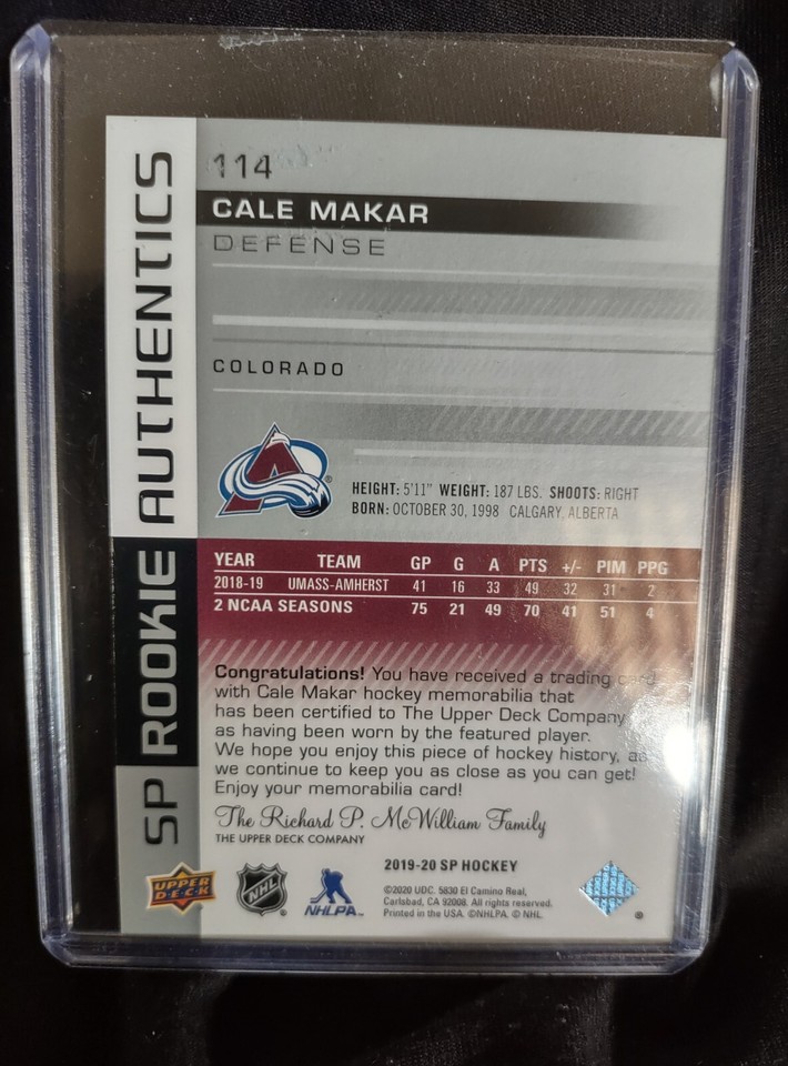 Cale Makar 2019-20 Sp Authentic Rookie #114, Jersey Card, Colorado ...