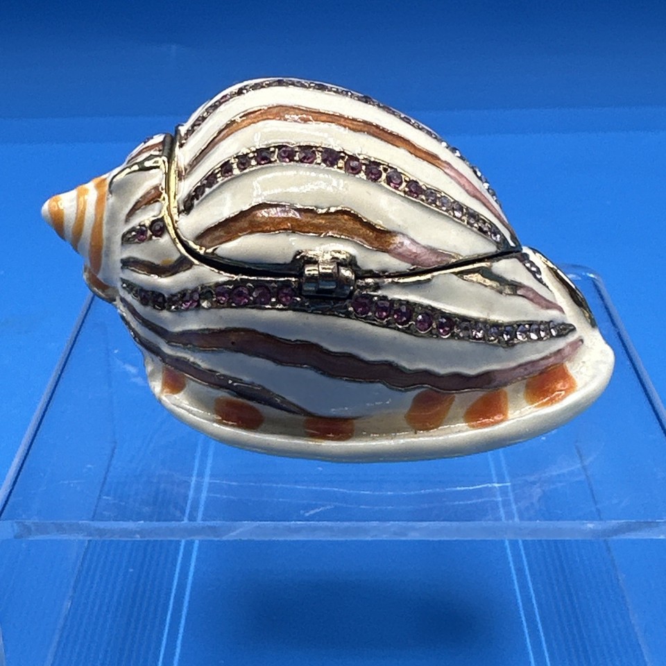 Bejeweled Enamel Inlay Clam Sea Conch Shell Hinged Trinket Box Pink ...