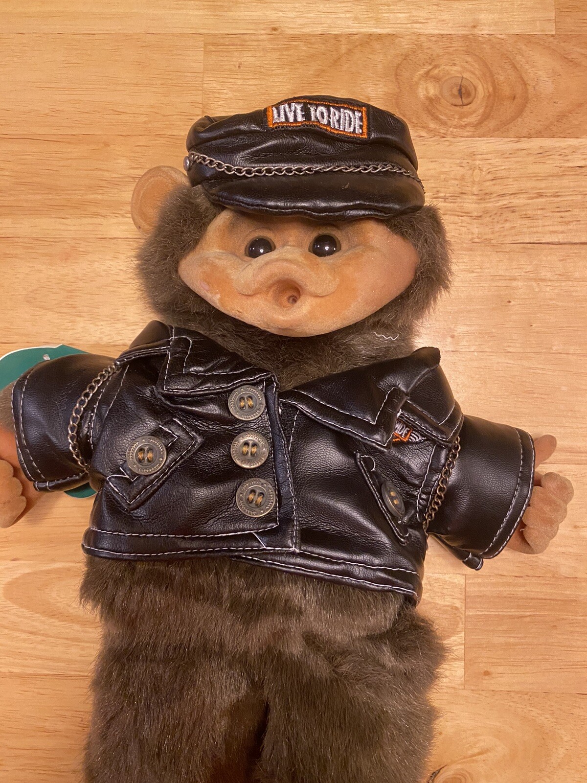 HOSUNG Monkey Plush PUPPET with Motorcycle Gear Leather Jacket Hat RARE ...