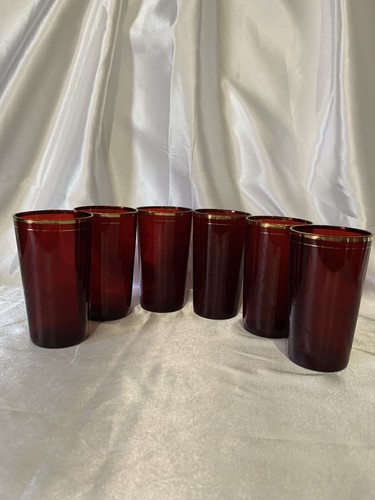 Six Vintage Depression era Ruby Red Tumbler Glasses with Gold Trim 1930 ...