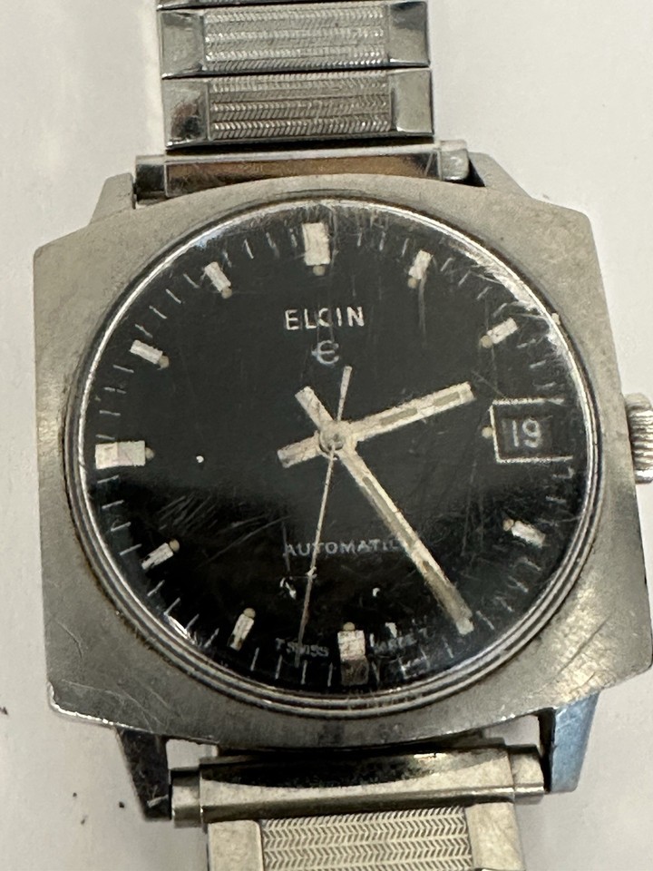 Vintage Elgin Men's Automatic Stainless Steel Watch Black Dial Date ...
