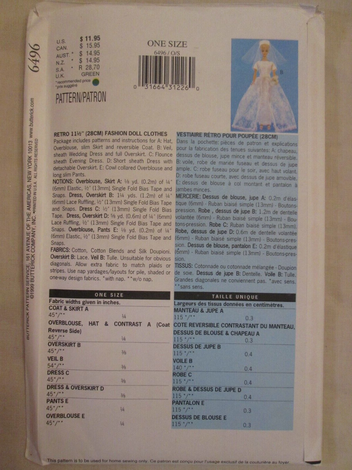 Butterick 6496 Retro 11.5" Doll Clothes Pattern Dresses Bride Wedding ...