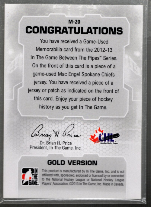 B4942- 2012-13 Between The Pipes Jerseys Gold #M20 Mac Engel Jersey ...
