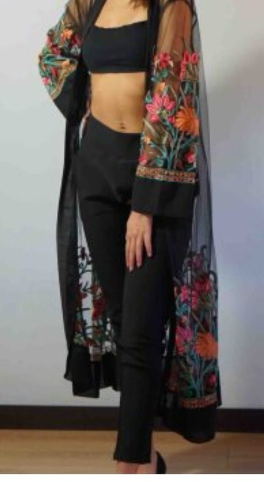 NWT Summer Black Mesh Floral Embroidered Long Beach Duster LongSleeve ...