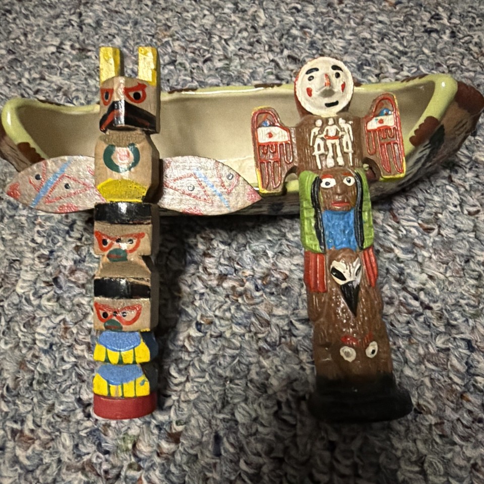 Vintage Wood Carved Totem Pole And Ceramic Canoe | eBay UK