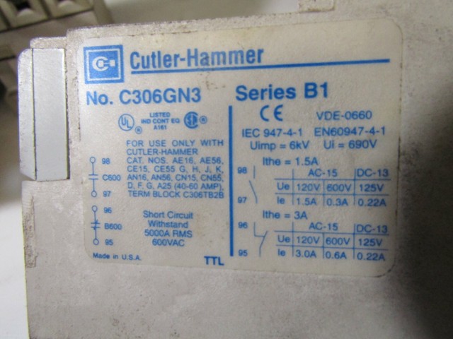 Cutler Hammer CE15KN3 Contactor 3 Pole 600vac Series B1 for sale online ...