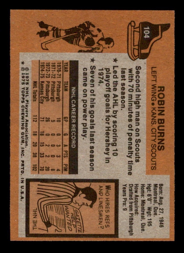 1975 Topps Hockey #104 Robin Burns EX/MT | eBay