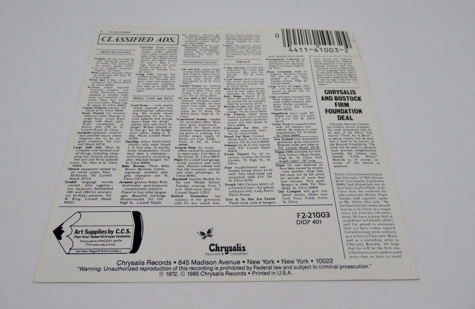 Jethro Tull Thick As A Brick Chrysalis Compact Disc NO Case | eBay